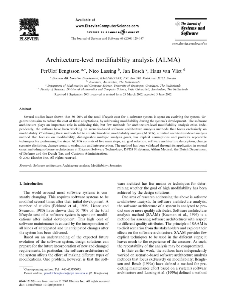 Architecture-Level Modifiability Analysis (Alma) : Perolof Bengtsson, Nico Lassing, Jan Bosch ...