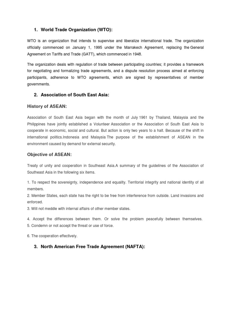 WTO, ASEAN, NAFTA, SAARC, SAFTA and EU trade blocs | PDF ...