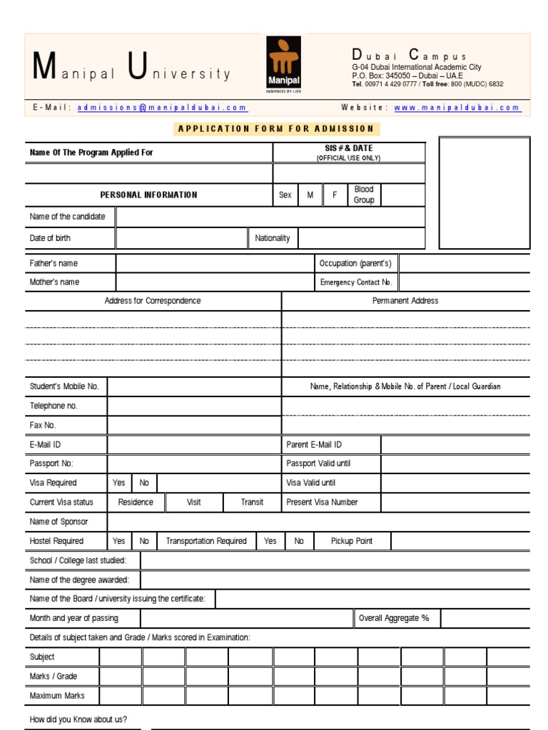 Manipal University, Dubai - Application Form | Download Free PDF | Travel Visa | Academic Term