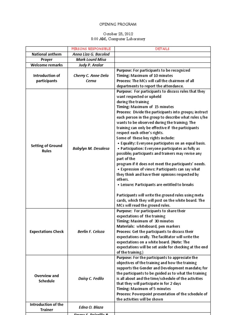 Opening Program for Training Event | PDF