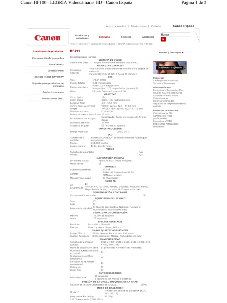Videocámara Canon LEGRIA HF100 HD | PDF | Seguro digital | Píxel