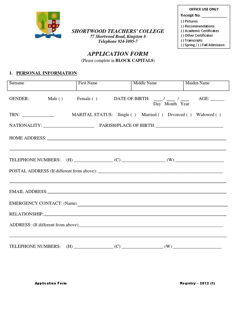 Shortwood Teachers' College Application Form 2012-2013 | PDF ...