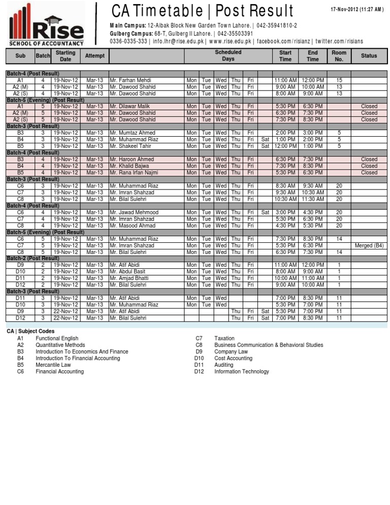 CA Timetable for Post Result Batches | PDF