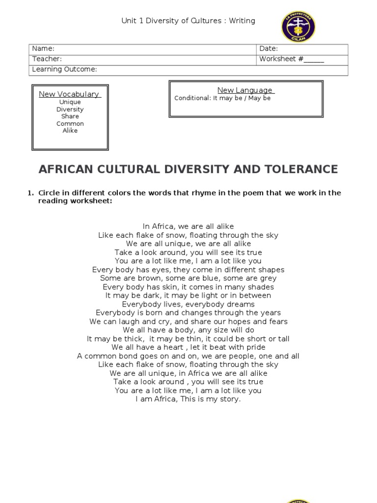 African Cultural Diversity and Tolerance: Name: Date: Teacher ...