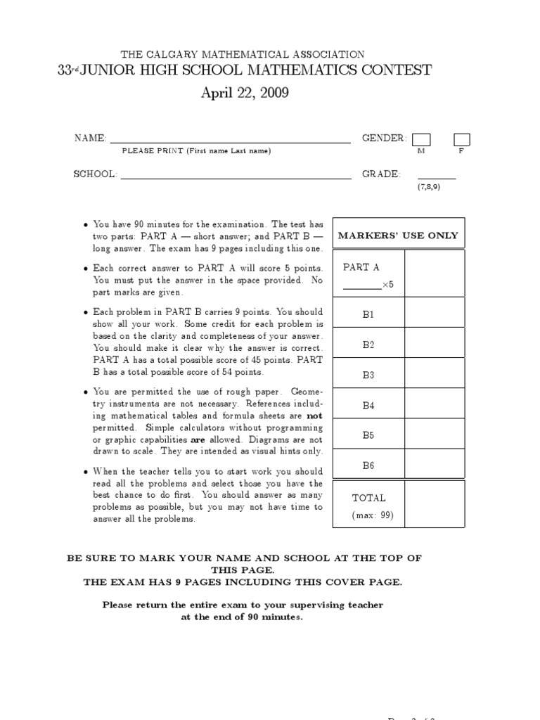 Junior High School Mathematics Contest Exam 2009 | Test (Assessment ...