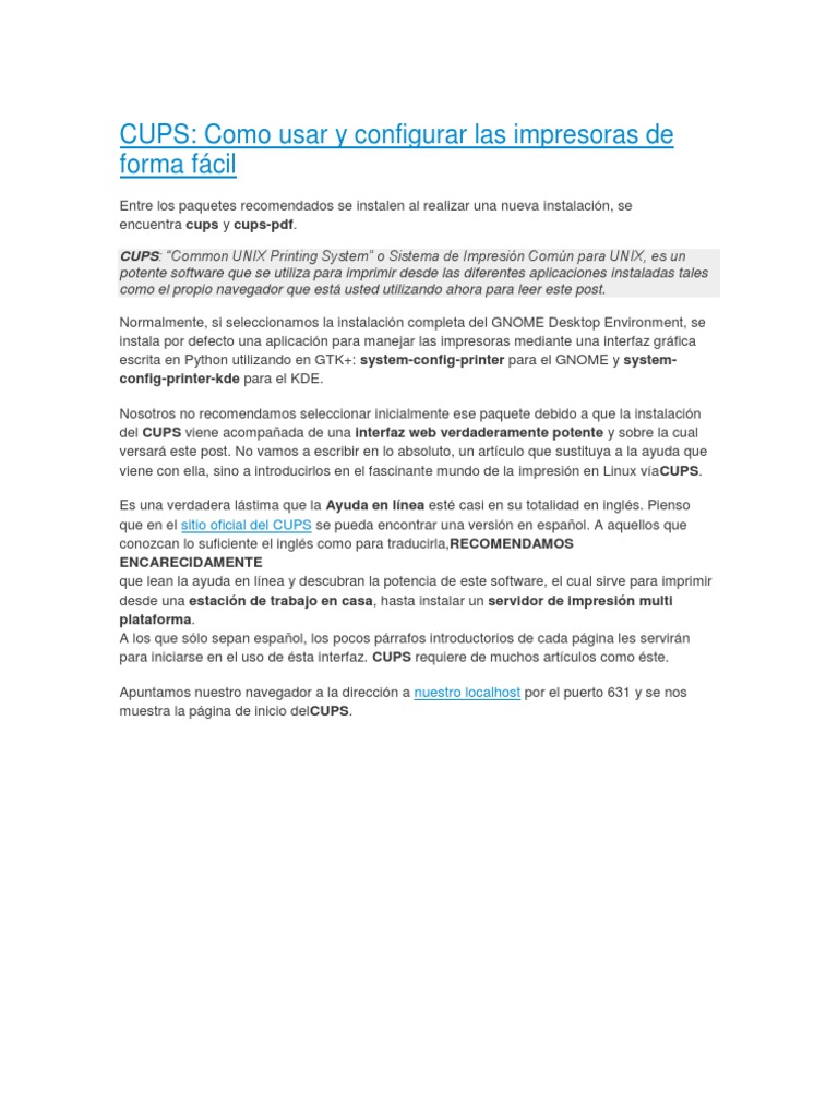 Cups | PDF | Impresora (Computación) | Software del sistema