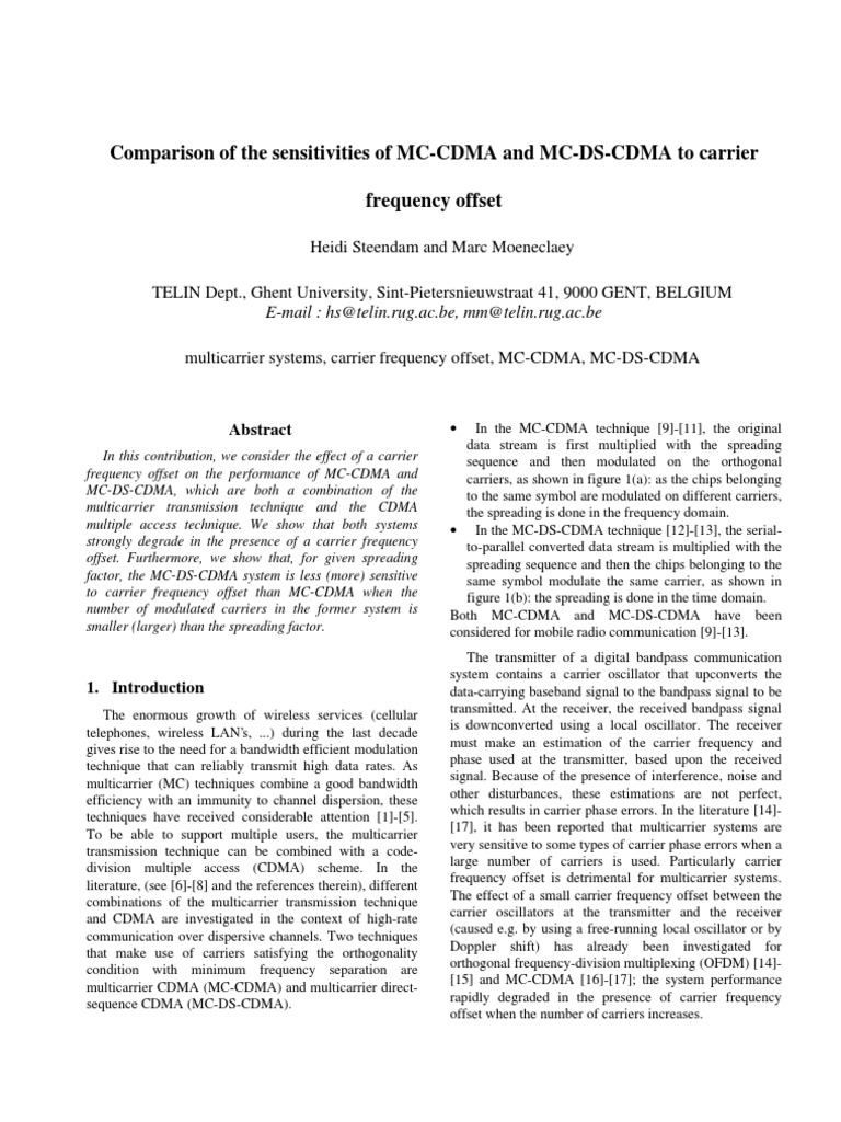 Comparison of The Sensitivities of MC-CDMA and MC-DS-CDMA To Carrier Frequency Offset | PDF ...