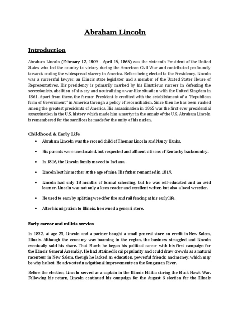 Abraham Lincoln: Childhood & Early Life | PDF | Abraham Lincoln | Union ...