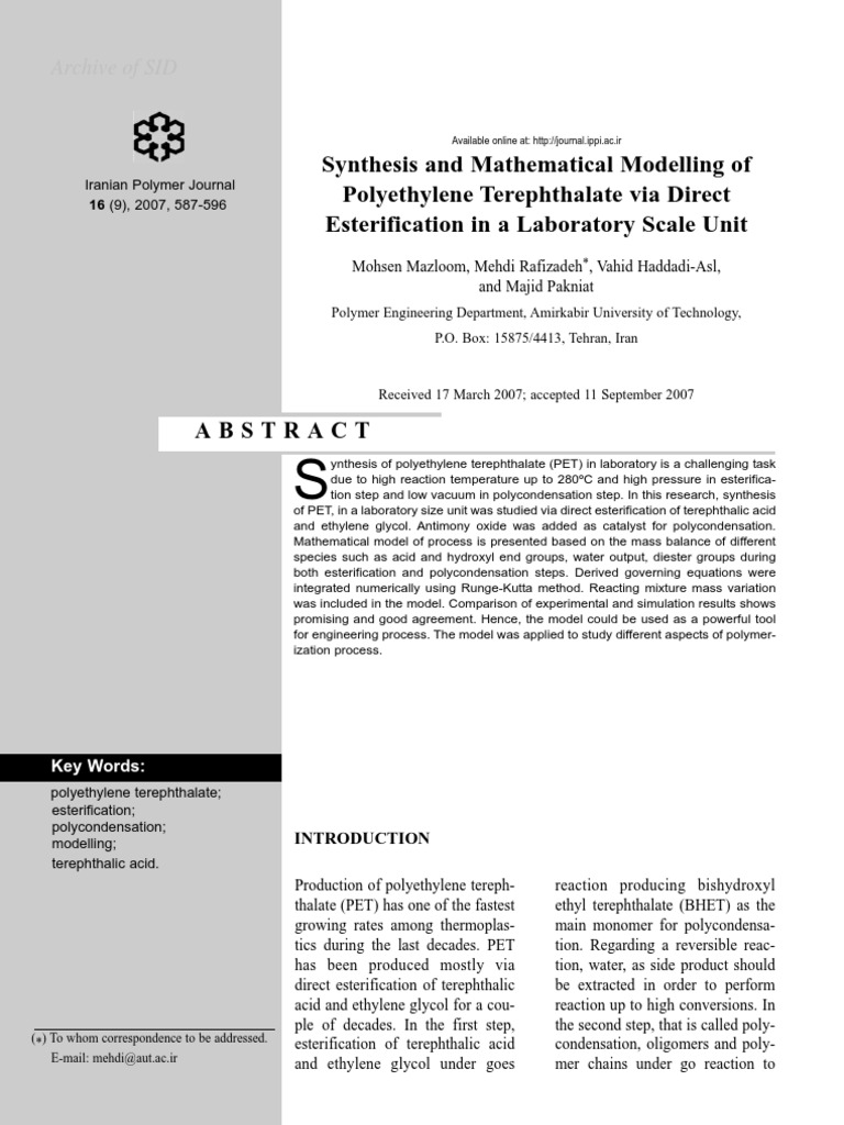 Synthesis & Mathematical Modeling of PET Via Direct Esterification | PDF | Polymers | Chemical ...