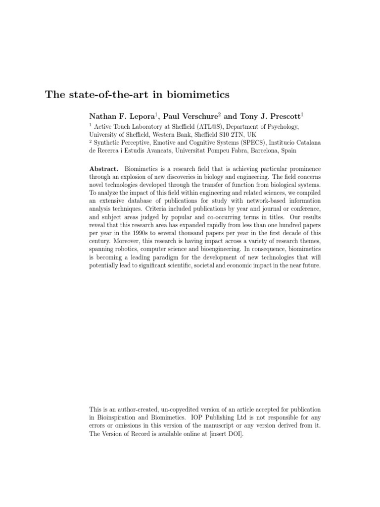 The State-Of-The-Art in Biomimetics: Nathan F. Lepora, Paul Verschure ...
