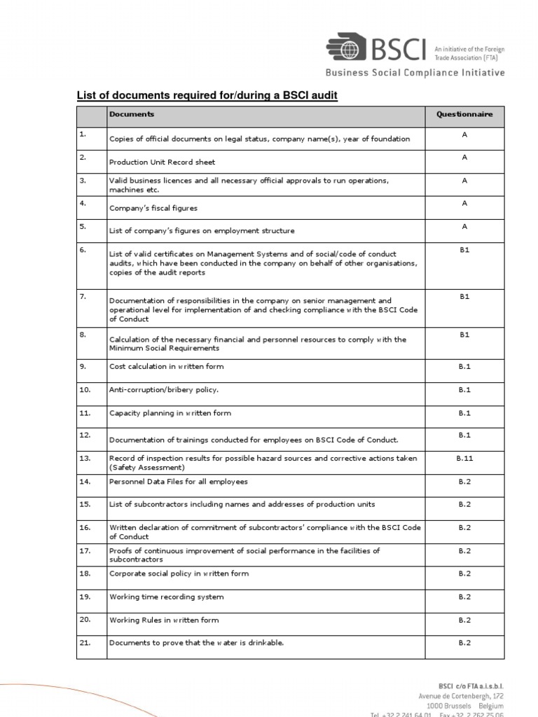 12 List of Documents Required For During A Bsci Audit | PDF | Piece ...