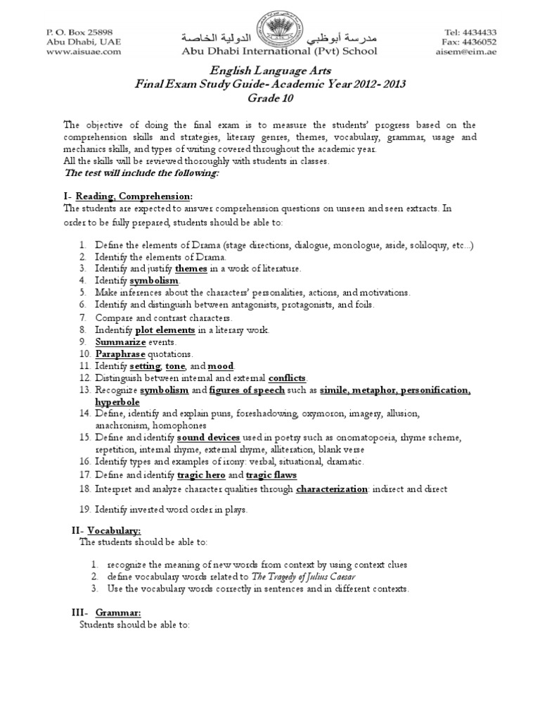 English Language Arts Final Exam Study Guide-Academic Year 2012 - 2013 ...