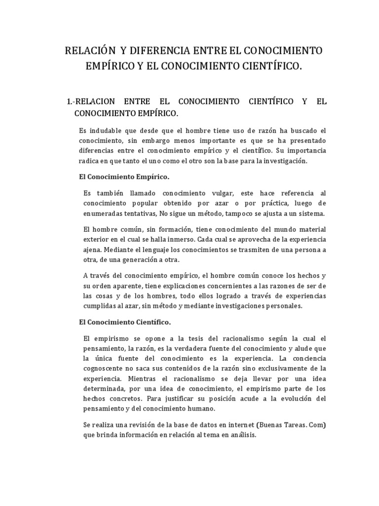 Relación y Diferencia Entre El Conocimiento Empírico y El Conocimiento Científico | Descargar ...