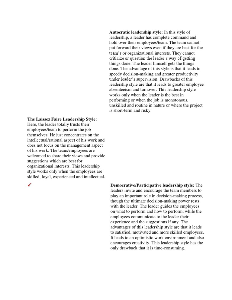 Leadership Styles: Autocratic, Laissez-Faire, Democratic | PDF