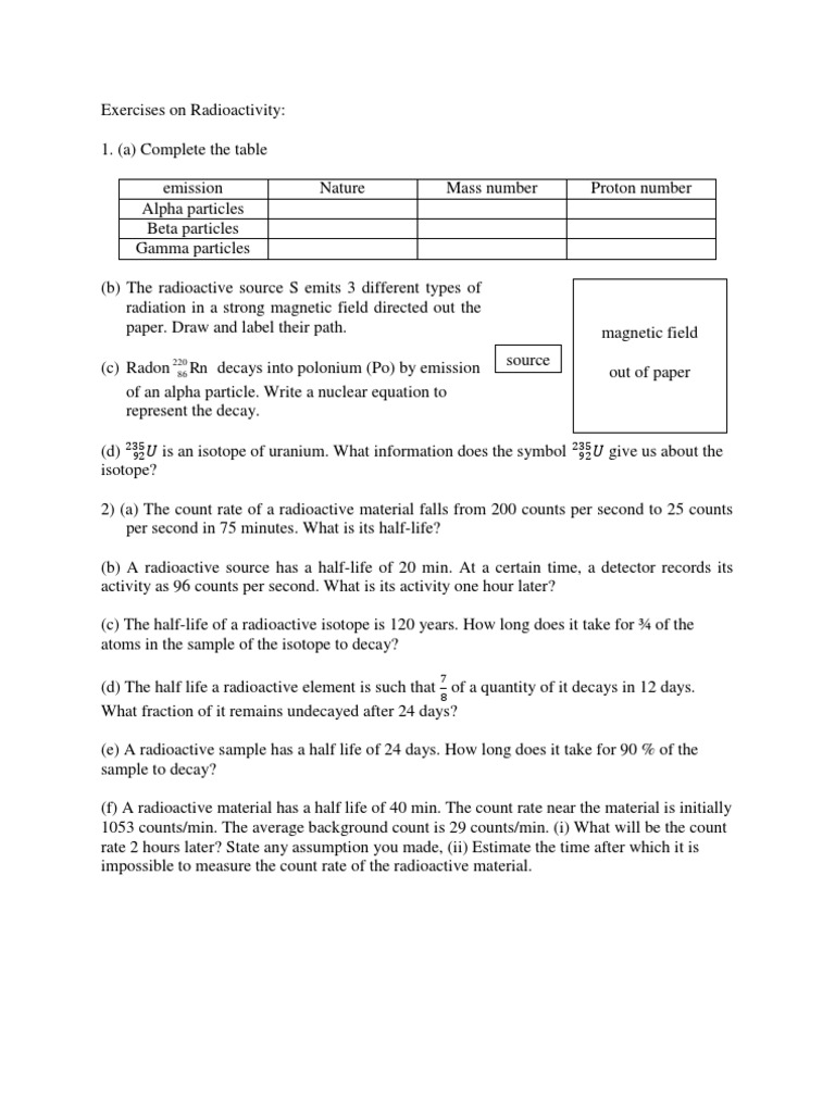 Exercises On Radioactivity | PDF | Radioactive Decay | Radionuclide