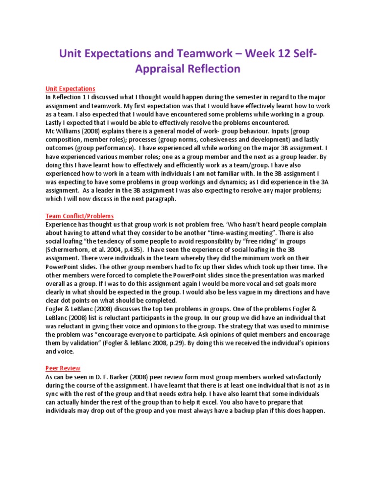 Reflection 3 (BFP1100 Unit Expectations and Teamwork - Week 12 Self ...