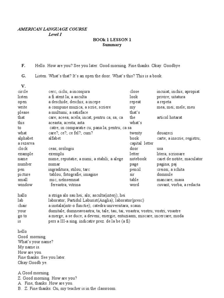 Book 1 Lesson 1: American Language Course Level I | PDF