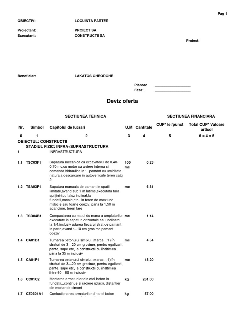 Deviz Oferta - Antemasuratoare | PDF