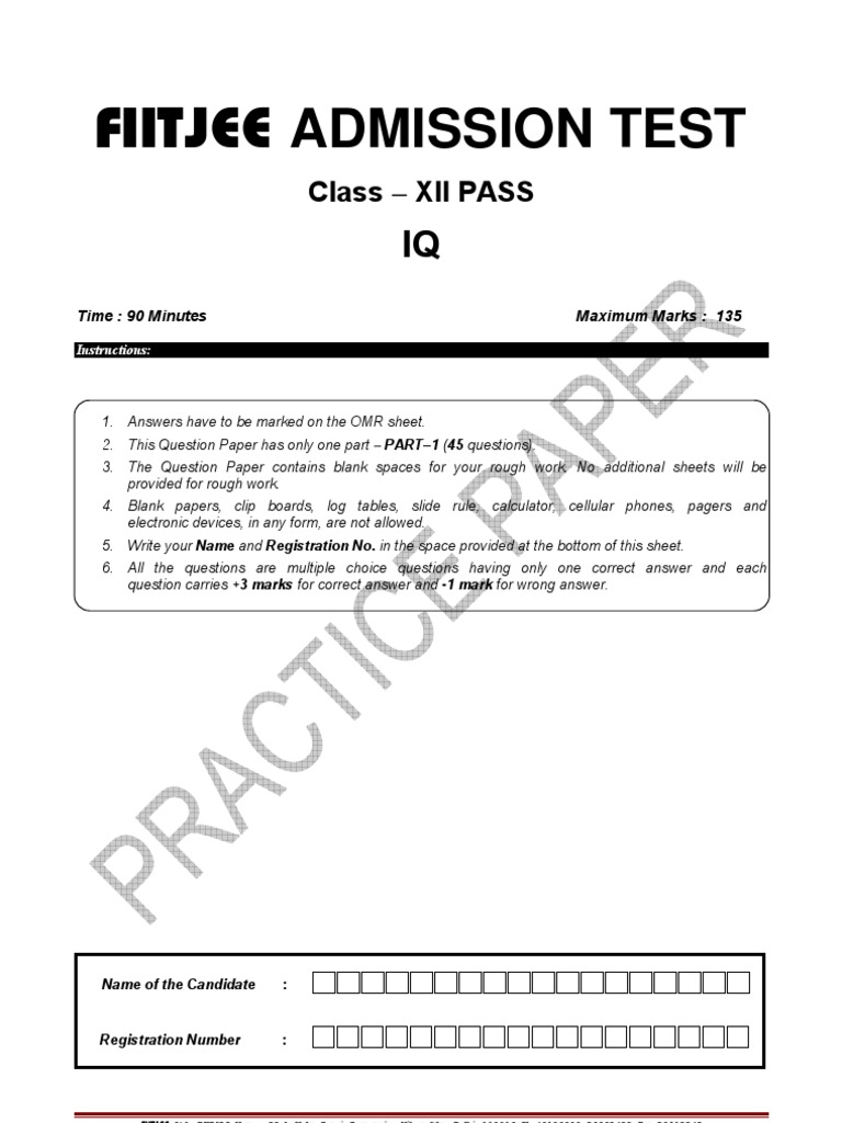 Fiitjee: Admission Test | PDF