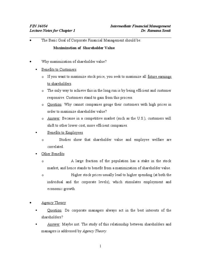 FIN 36054 Intermediate Financial Management Lecture Notes For Chapter 1 ...