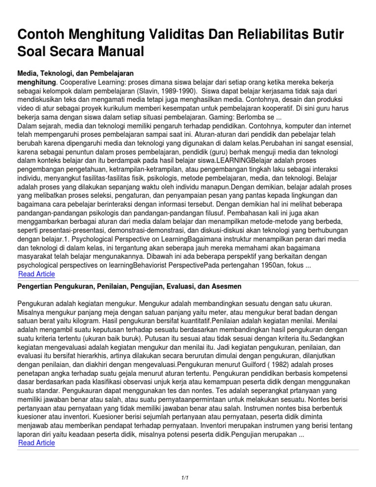 Contoh Menghitung Validitas Dan Reliabilitas Butir Soal Secara Manual | PDF