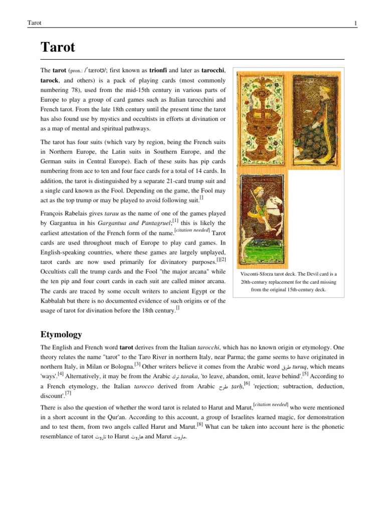 Tarot - Wikipedia | PDF | Tarot | Playing Cards