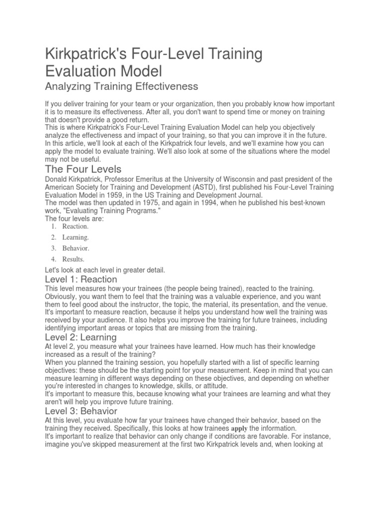 Kirkpatrick's Four-Level Training Evaluation Model | PDF | Attitude ...
