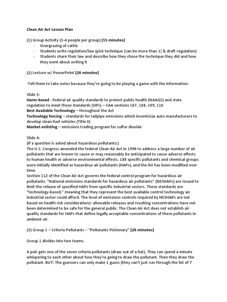 Clean Air Act - Lesson Plan Day 1 | PDF | Clean Air Act (United States ...