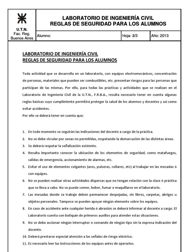 Reglas de Seguridad Laboratorio Ing Civil | PDF | Laboratorios ...