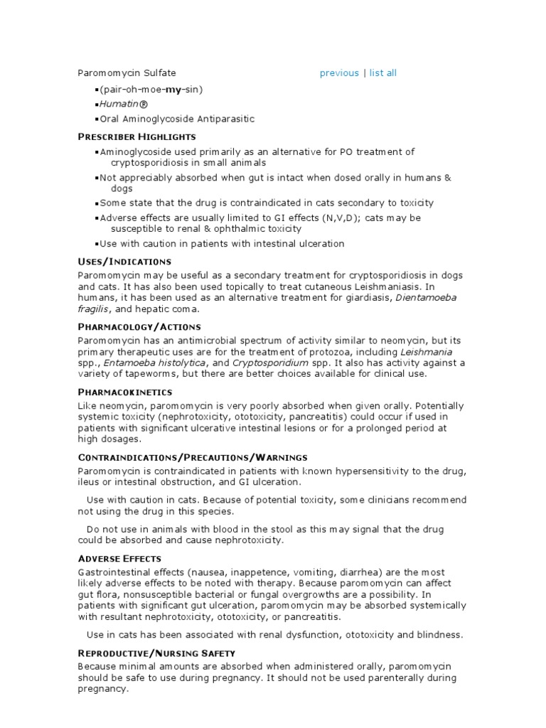Paromomycin Sulfate | PDF | Medical Treatments | Medical Specialties