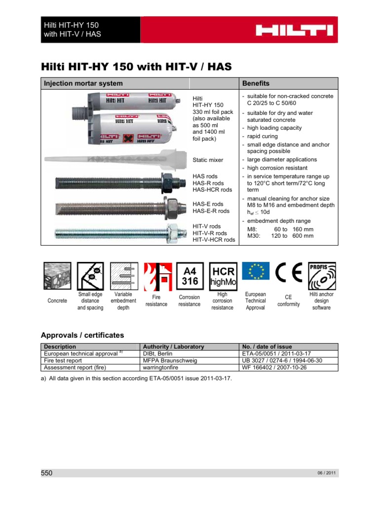 Hilti HIT-HY 150 With HIT-V or HAS PDF | PDF | Anchor | Temperature