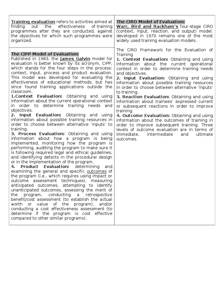Evaluating Training Effectiveness: A Comparison of the CIPP, CIRO, and ...