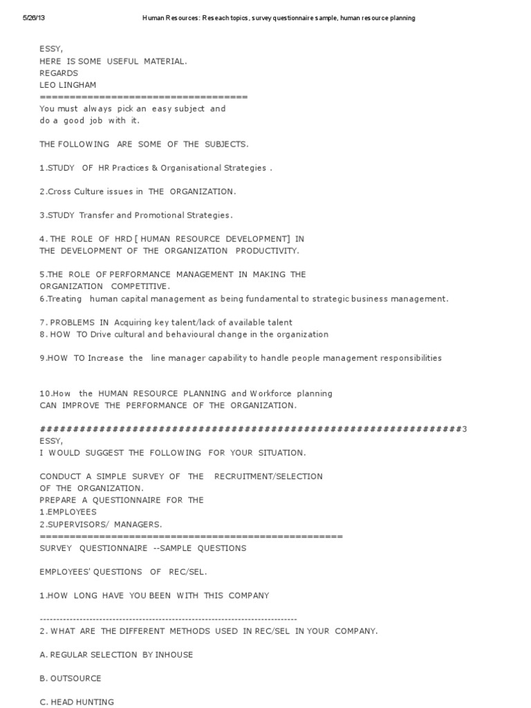 Human Resources - Reseach Topics, Survey Questionnaire Sample, Human ...