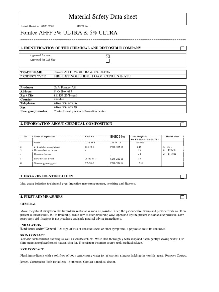 Msds Afff 3% Ul | PDF | Chemistry | Chemicals
