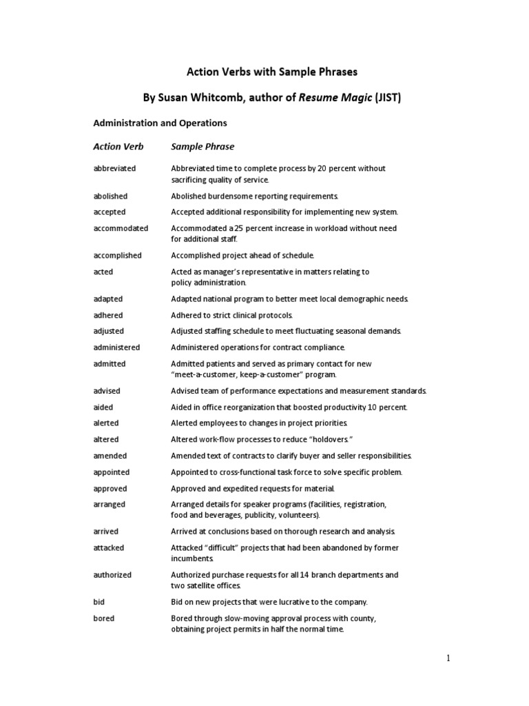 Action Verbs Guide for Administration and Operations | PDF | Sales ...