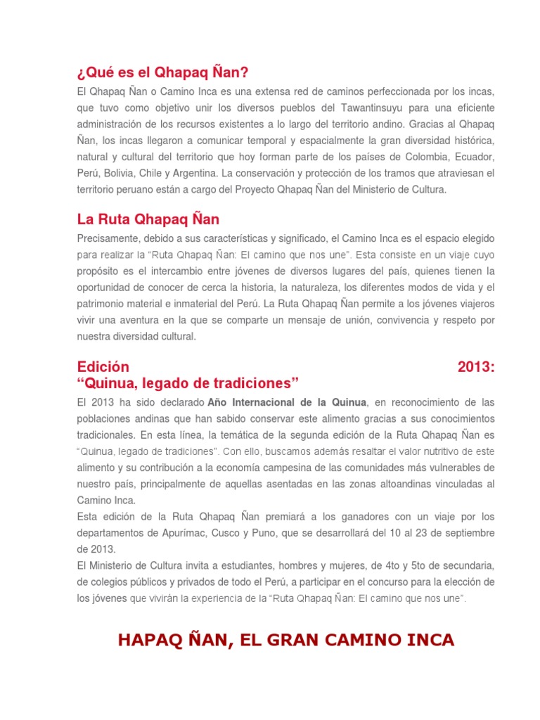 Importancia del Qhapaq Ñan Inca | PDF | Imperio Inca | Perú