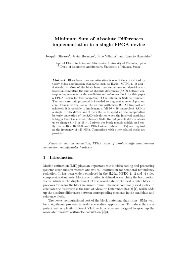 Minimum Sum of Absolute Differences Implementation in A Single FPGA Device | PDF | Field ...