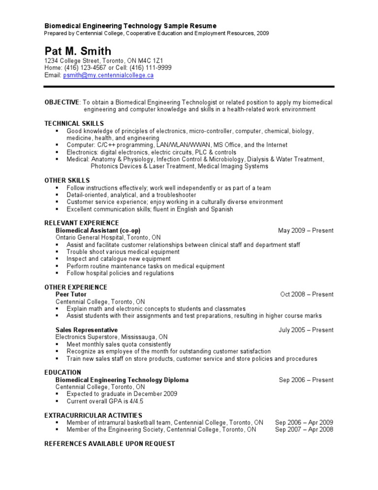 Biomedical Engineering Technology Sample Resume | PDF