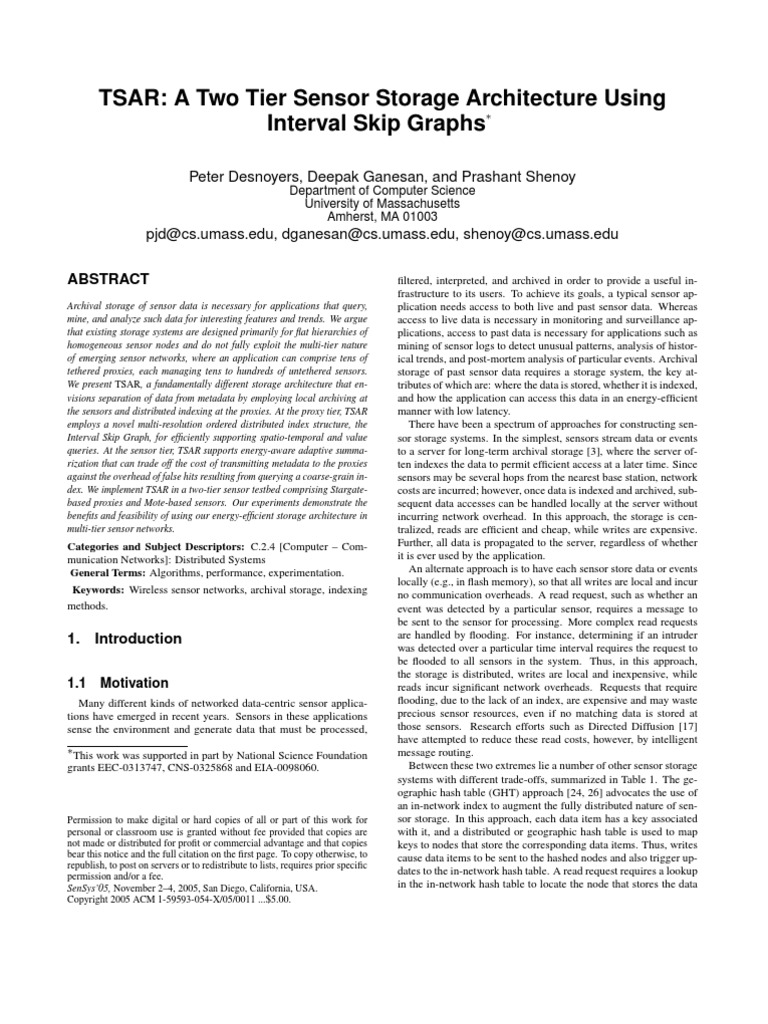 TSAR A Two Tier Sensor Storage Architecture Using Interval Skip Graphs | Download Free PDF ...