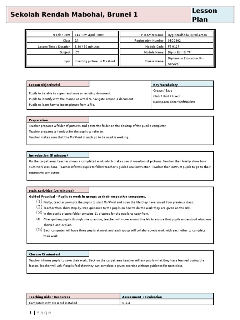 Lesson Plan Sekolah Rendah Mabohai, Brunei 1: Lesson Objective(s) Key ...