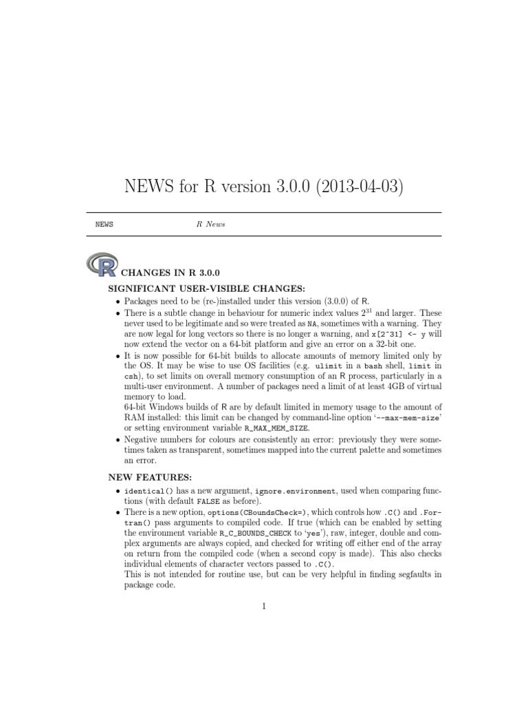 NEWS For R Version 3.0.0 (2013-04-03) | PDF | Array Data Structure ...