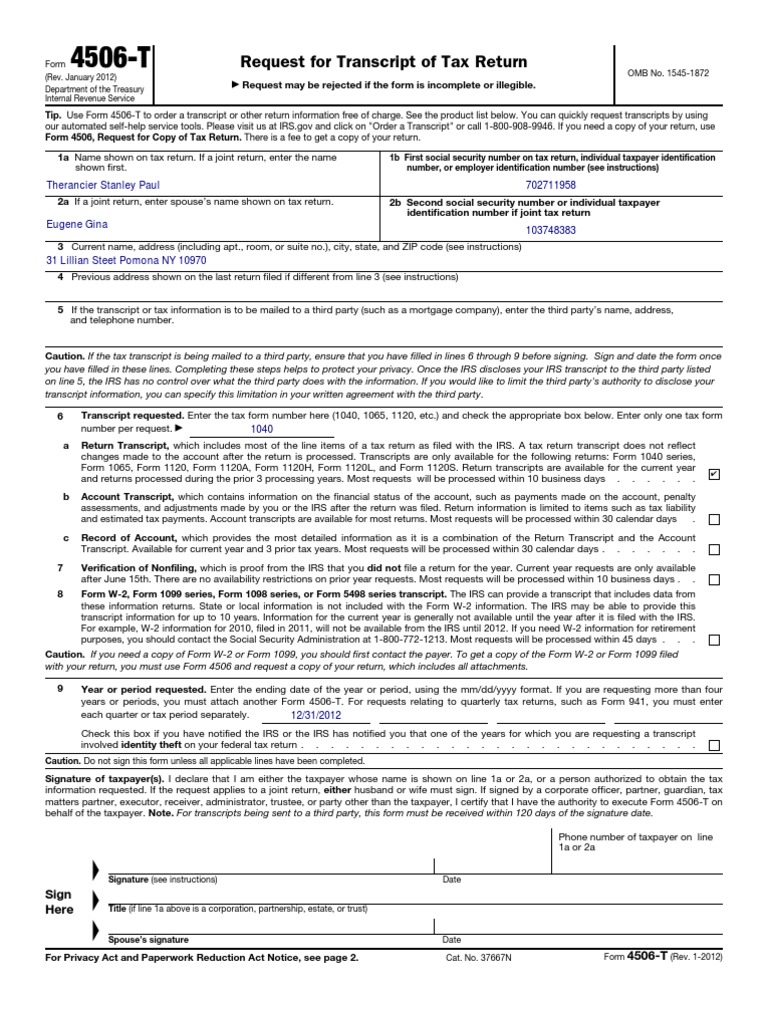 IRS Form 4506-T: Tax Transcript Request | PDF | Irs Tax Forms ...