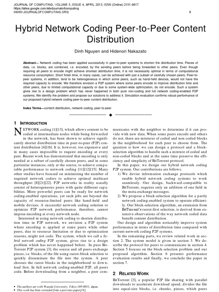 Hybrid Network Coding Peer To Peer Content Distribution Pdf Peer To Peer Networks