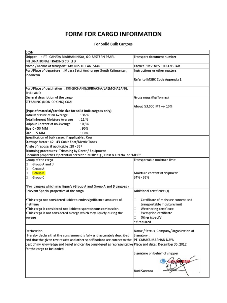 Form For Cargo Information: For Solid Bulk Cargoes | PDF