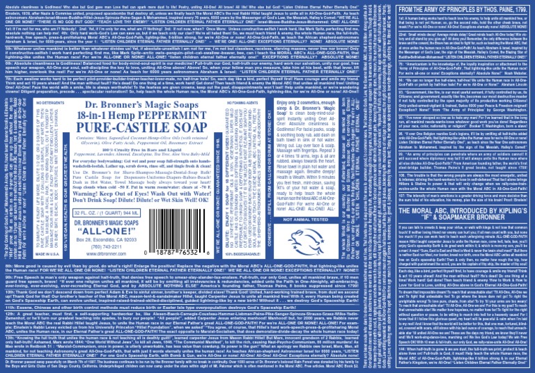 Dr Bronners Magic Soaps 18 In 1 Hemp Peppermint Pure Castile Soap Label 32 Fl Oz 1 Quart