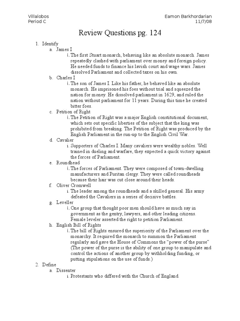Review Questions Pg. 124 | PDF | English Civil War | Parliament