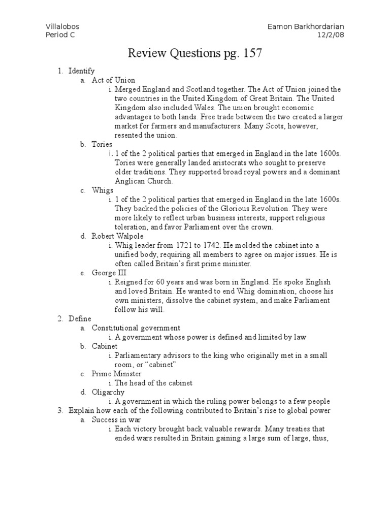 Review Questions Pg. 157 | PDF | Kingdom Of Great Britain | Whigs ...
