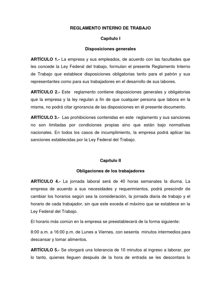 Reglamento Interno de Trabajo que establece disposiciones generales y obligaciones para ...