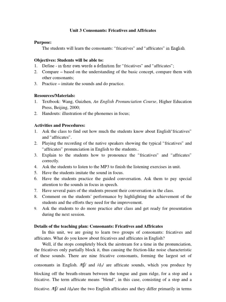 English Fricatives & Affricates Guide | PDF | English Language | Consonant