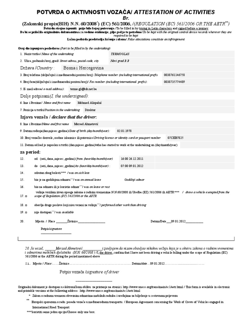 POTVRDA O Aktivnostima Vozaca | PDF